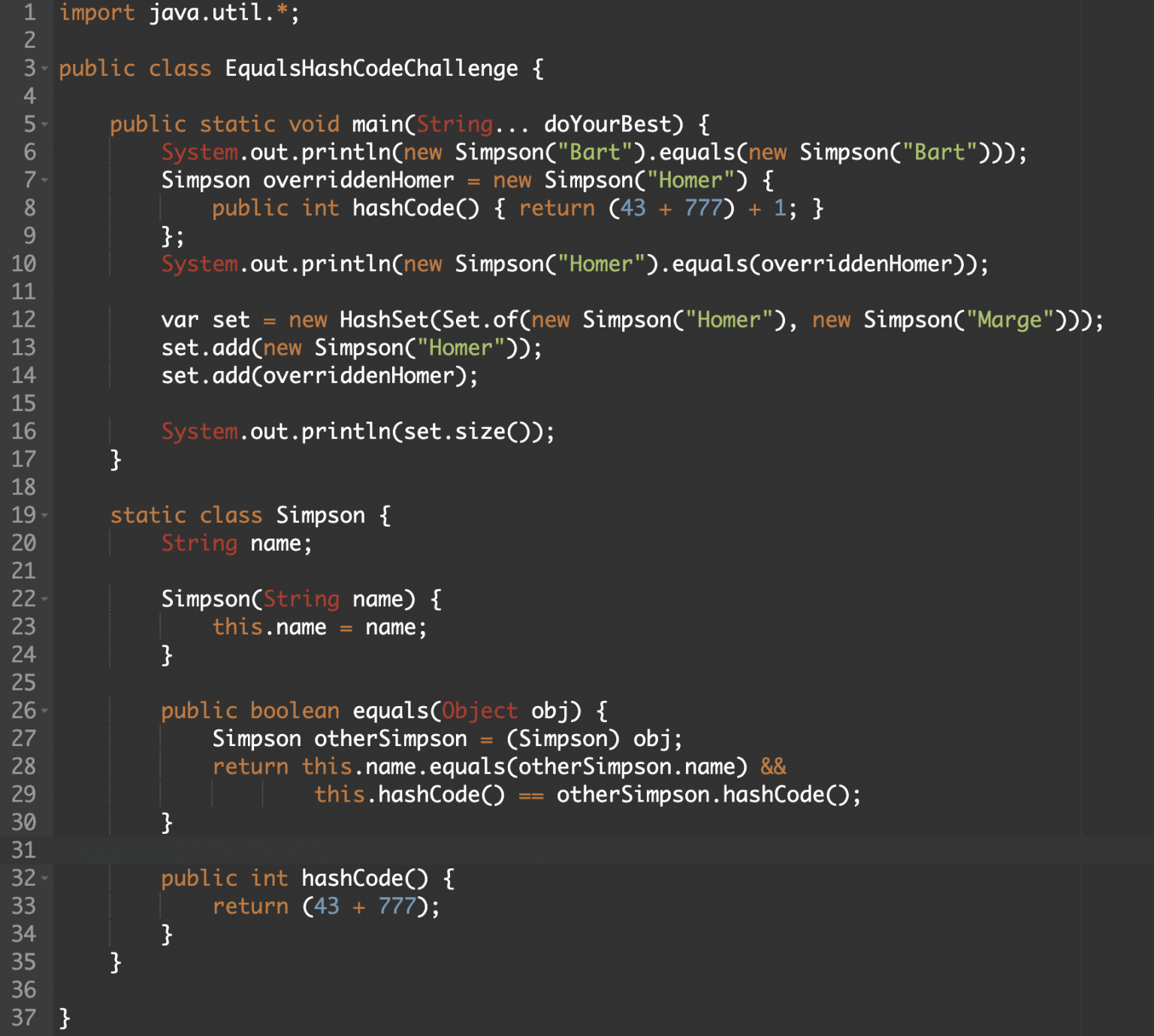 Simpson equals hashCode Challenge